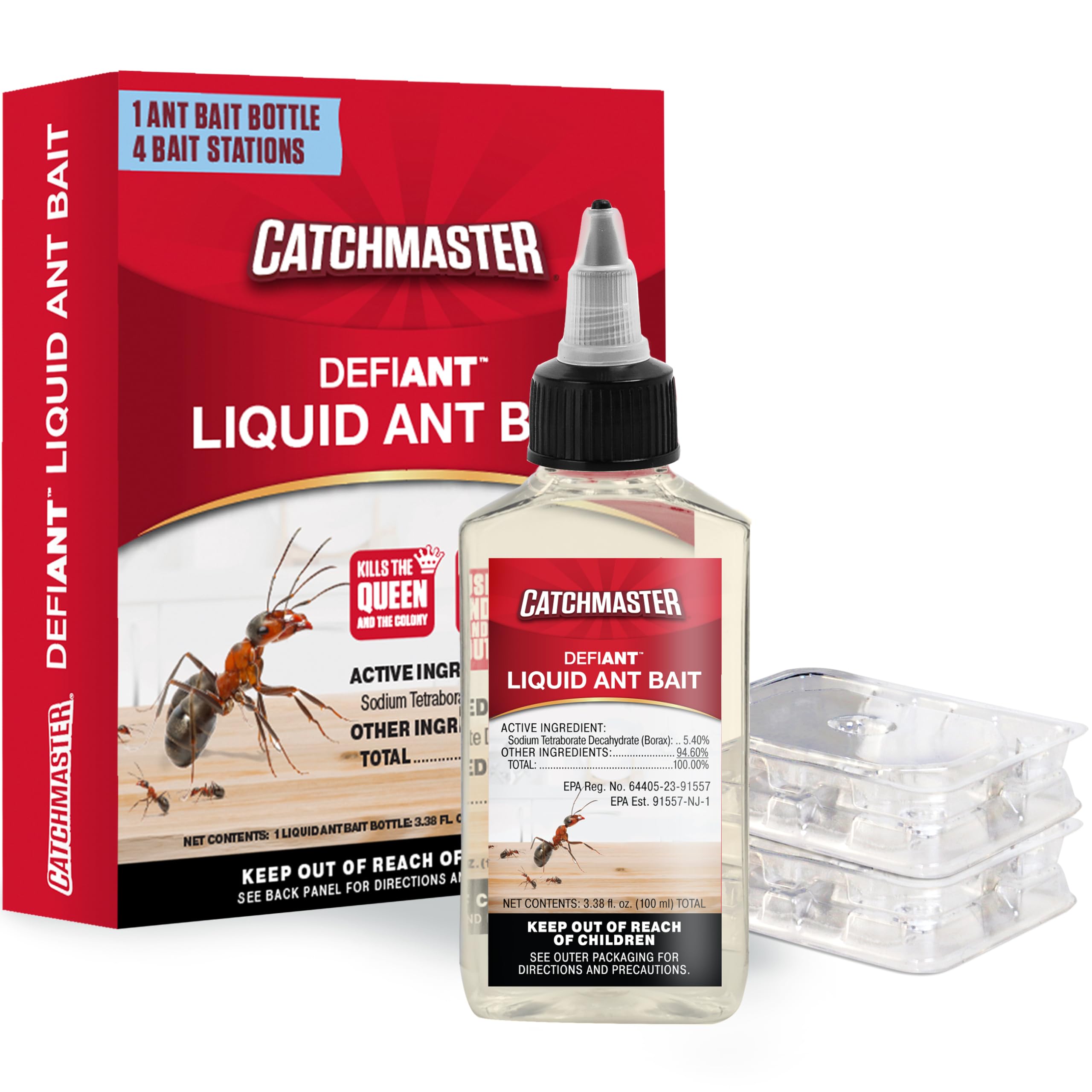 Catchmaster Defiant Liquid Ant Bait with 4 Reusable Bait Stations, Multi-Surface Ant Killer for Home, Discrete Ant Traps Indoor & Outdoor, Pest Control Traps, Reduce & Remove Ant Infestation Colonies