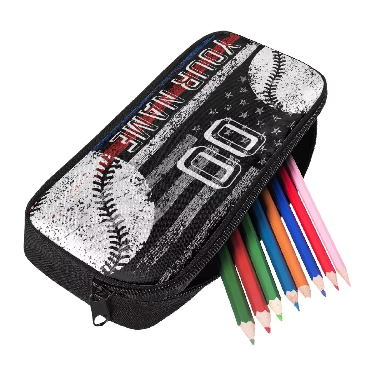 STUOARTE Personalized Pencil Case for Kids Teens Boys, American Flag Baseball Printed Custom Pencil Pouch Bag with Zipper, Big Capacity Pen Bag Pencil Holder Stationery Bag Multi-Purpose Bag