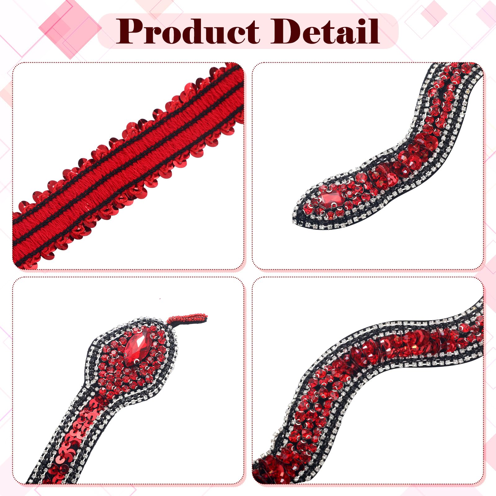 FineCheer 5 Pcs Glitter Rhinestone and Sequin Red Snake Patch Applique Decoration Ribbon Set with Elastic Sequin Ribbon Trimming for Clothing Decoration Sewing Dress Headband DIY Clothing Accessories