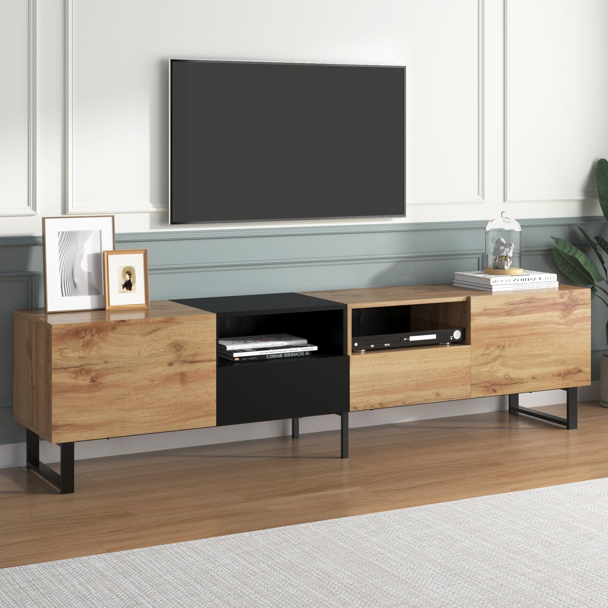 Virubi 75 Inch Modern TV Stand for TVs Up to 80”, Minimalist Entertainment Center with 2 Doors, 2 Drawers & 2 Open Shelves, Media Console Table with Storage for Living Room