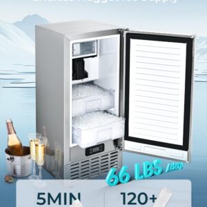 EUHOMY Commercial Under Counter Nugget Ice Maker Machine, 66Lbs/Day, Bulit-in Freestanding Ice Maker with Gravity Drainage, Self-Cleaning & 24H Timer Ice Machine, for Commercial & Home Use(Silver)