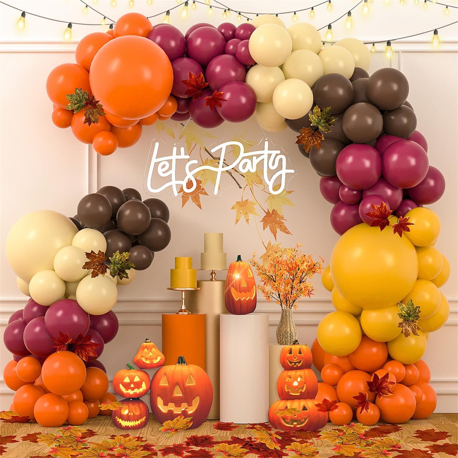 Fall Thanksgiving Balloon Arch Kit Yellow Orange Burgundy Brown Balloons Garland with Maple Leaves for Baby Shower Birthday Wedding Party Decorations