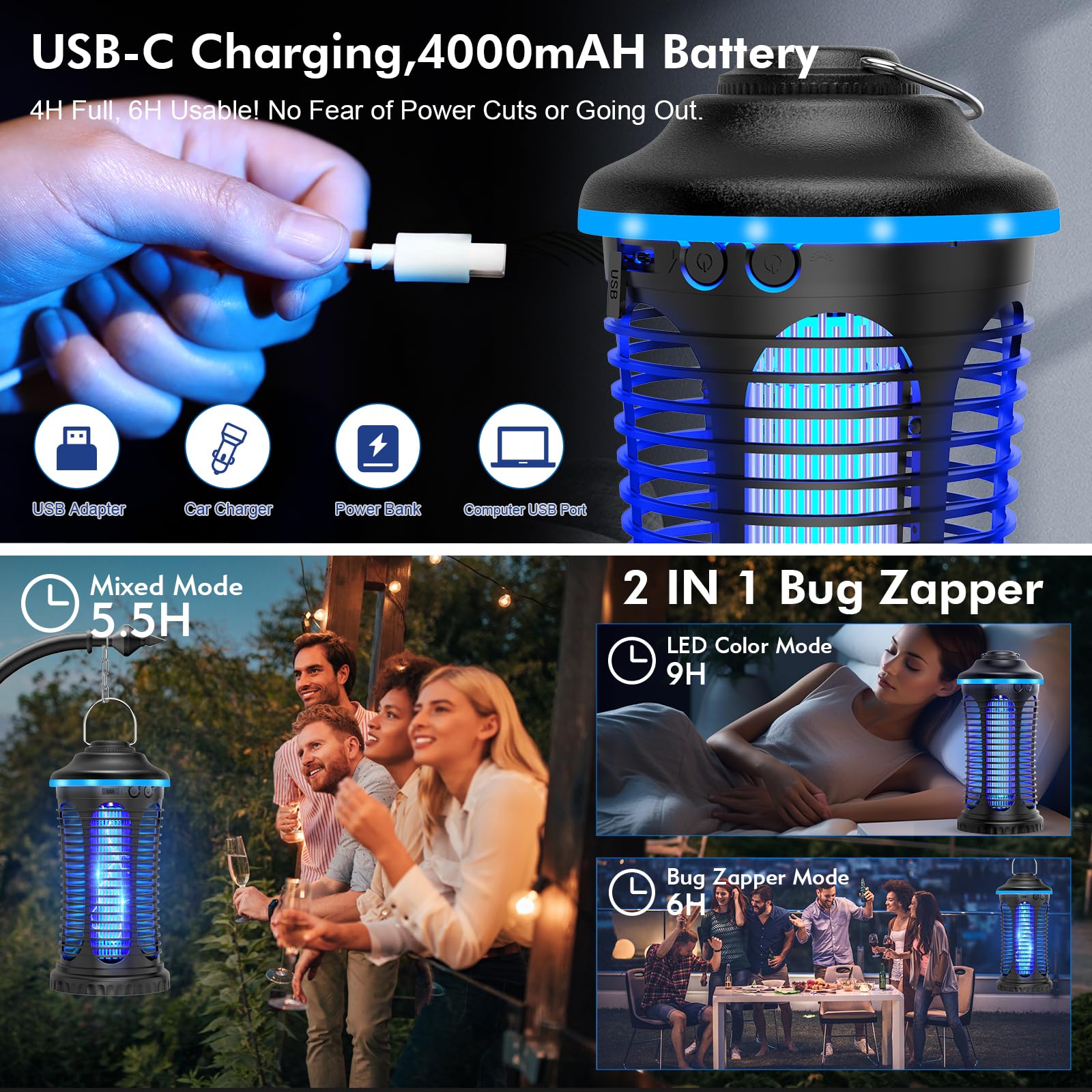 Reogle Rechargeable Bug Zapper Outdoor & Indoor, Mosquito Zapper, Fruit Fly Trap, Gnat Moths Catcher, 4200V Grid, USB Charging, 4000mAh Battery, Fit for Home, Kitchen, Backyard, Camping, Patio, Black