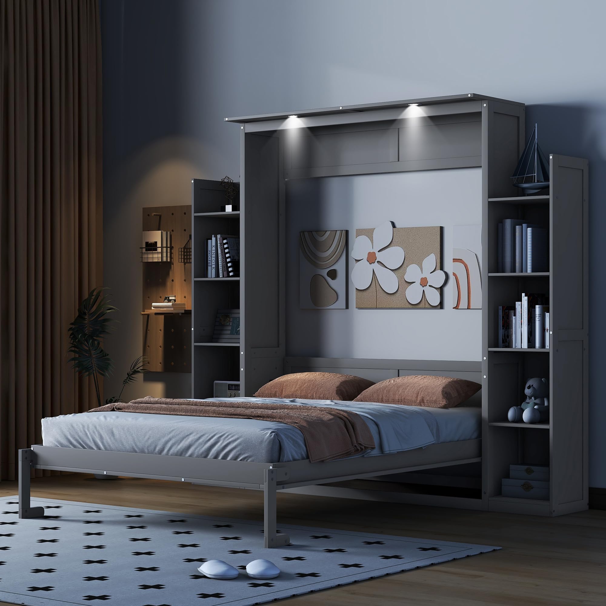 Merax Queen Size Murphy Bed, Queen Wall Bed Frame with Shelves and LED Lights, Gray