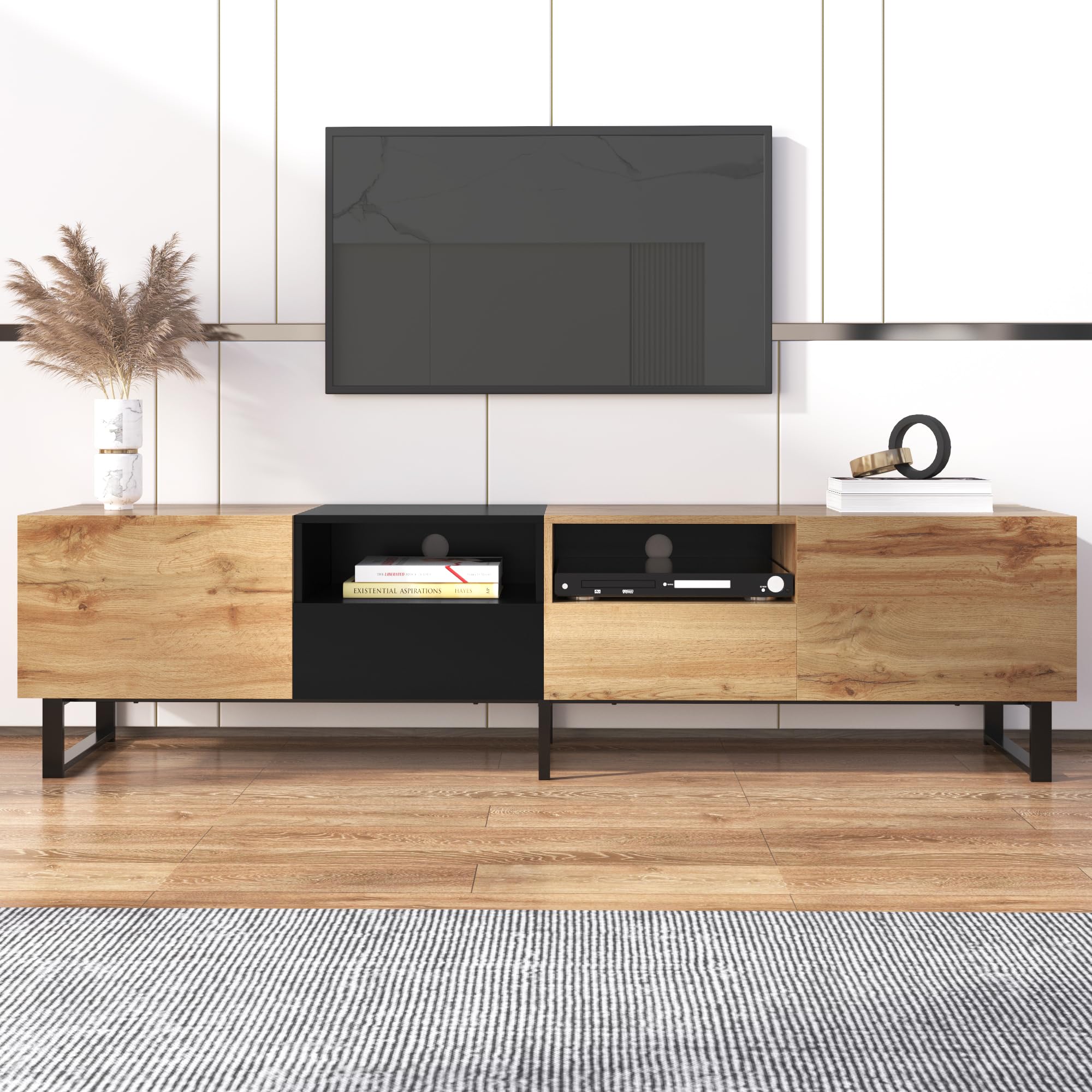 Virubi 75 Inch Modern TV Stand for TVs Up to 80”, Minimalist Entertainment Center with 2 Doors, 2 Drawers & 2 Open Shelves, Media Console Table with Storage for Living Room