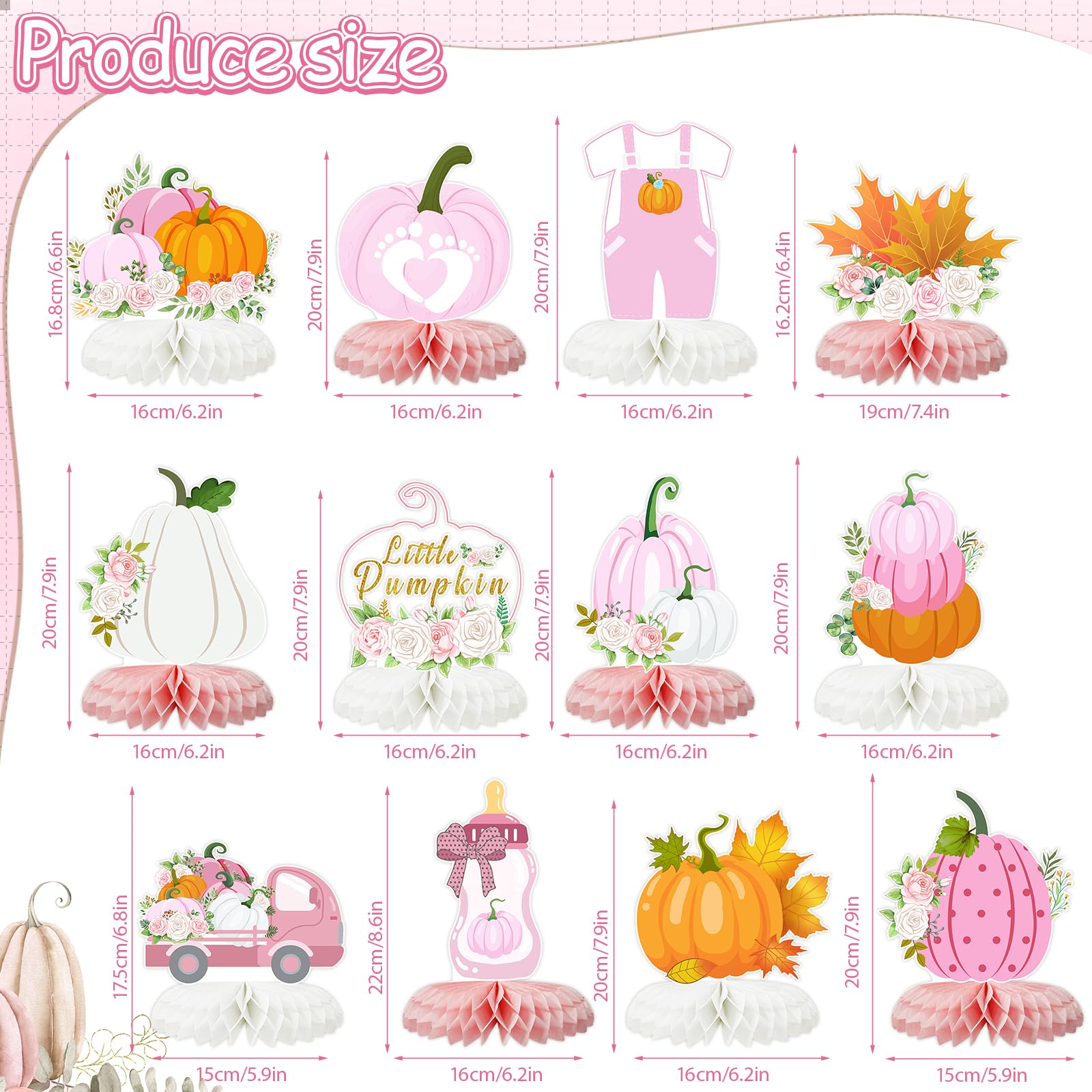 12PCS Little Pumpkin Baby Shower Decorations Honeycomb Centerpiece Fall Party Table Decor for Girls Pink Table Toppers Honeycomb 3D Table Decoration for Baby Shower Birthday Party Supplies