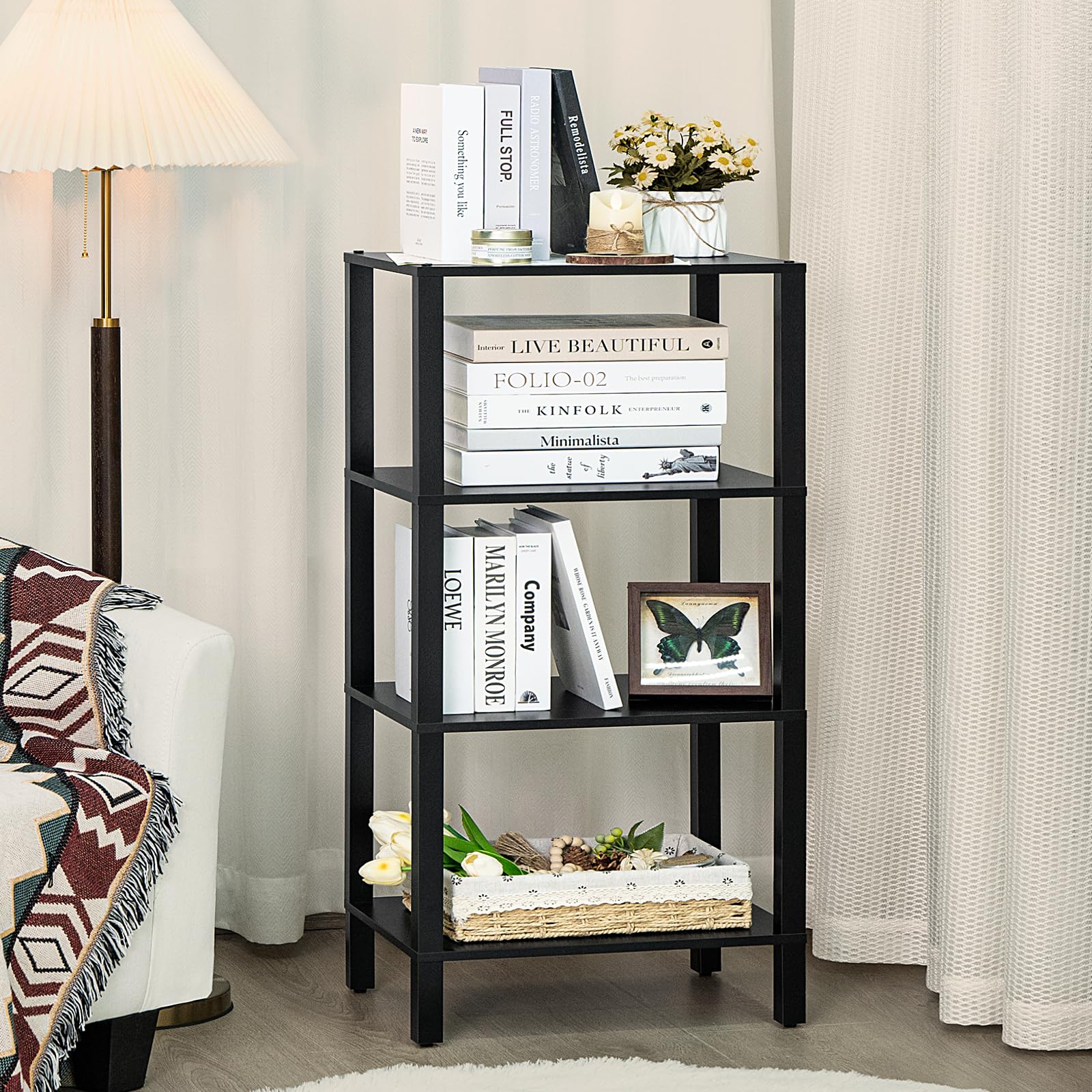 YUFAM 4 Tier Tall Wooden Bookshelf with Storage - Small Bookcase for Small Spaces, Small Shelf for Living Room, Office, Bedroom, Kitchen - Industrial Modern Black Book Shelf