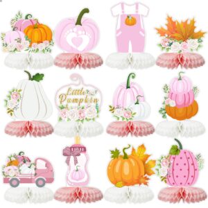 12pcs little pumpkin baby shower decorations honeycomb centerpiece fall party table decor for girls pink table toppers honeycomb 3d table decoration for baby shower birthday party supplies