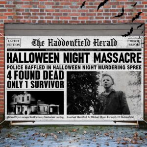 vintage halloween decoration horror movie backdrop garage door banner halloween night massacre classic movie character poster newspaper art prints background scary movie for halloween party supplies