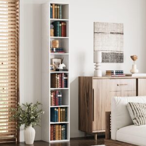 IRONCK Tall Narrow Bookshelf 8 Tiers, Compact Corner Bookcase, Easy to Match for Living Room, Office, Study, Bedroom, White