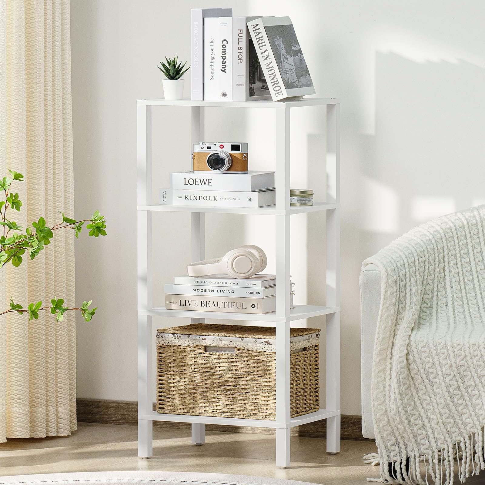 YUFAM 4 Tier Tall Wooden Bookshelf with Storage - Small White Bookcase for Small Spaces, Small Shelf for Living Room, Office, Bedroom, Kitchen - Industrial Modern Book Shelf