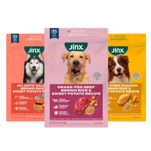 jinx premium dry dog food sampler, atlantic salmon kibble, cage free chicken kibble, grass-fed beef kibble, no fillers, for all lifestages, 4lbs each