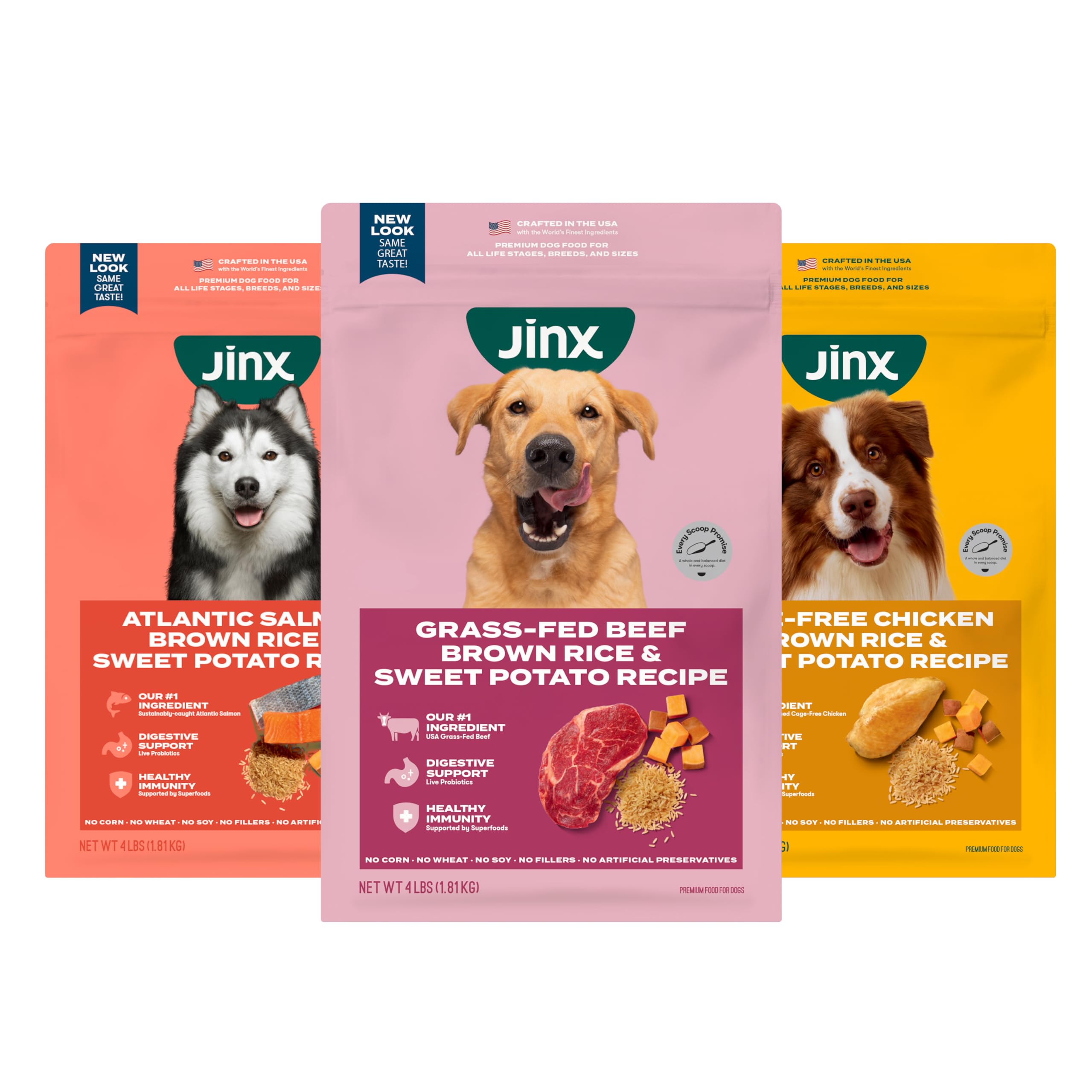 Jinx Premium Dry Dog Food Sampler, Atlantic Salmon Kibble, Cage Free Chicken Kibble, Grass-Fed Beef Kibble, No Fillers, for All Lifestages, 4lbs Each