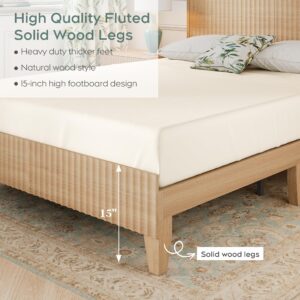 Yechen Retro Fluted Queen Bed with Storage Headboard & Charging Station, 55.5" Tall Natural Wooden Metal Platform Bed with Solid Wood Legs, Sturdy Wood Slats Support, Noise Free, No Box Spring Needed