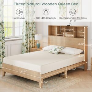 Yechen Retro Fluted Queen Bed with Storage Headboard & Charging Station, 55.5" Tall Natural Wooden Metal Platform Bed with Solid Wood Legs, Sturdy Wood Slats Support, Noise Free, No Box Spring Needed