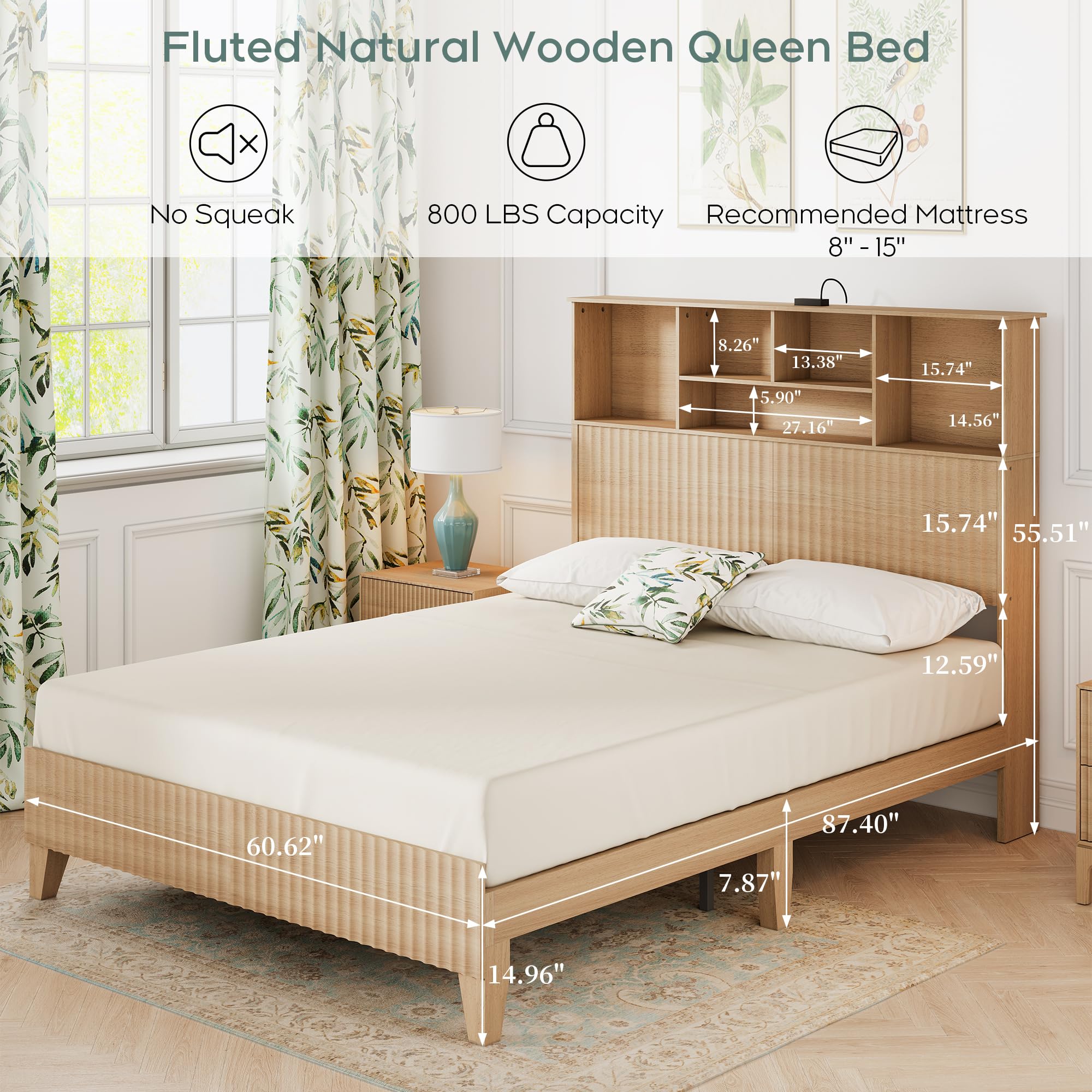 Yechen Retro Fluted Queen Bed with Storage Headboard & Charging Station, 55.5" Tall Natural Wooden Metal Platform Bed with Solid Wood Legs, Sturdy Wood Slats Support, Noise Free, No Box Spring Needed