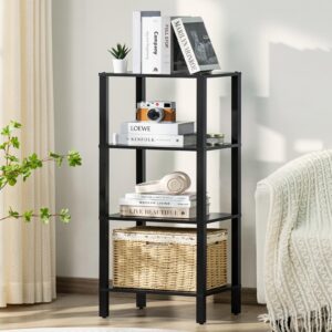 yufam 4 tier tall wooden bookshelf with storage - small bookcase for small spaces, small shelf for living room, office, bedroom, kitchen - industrial modern black book shelf