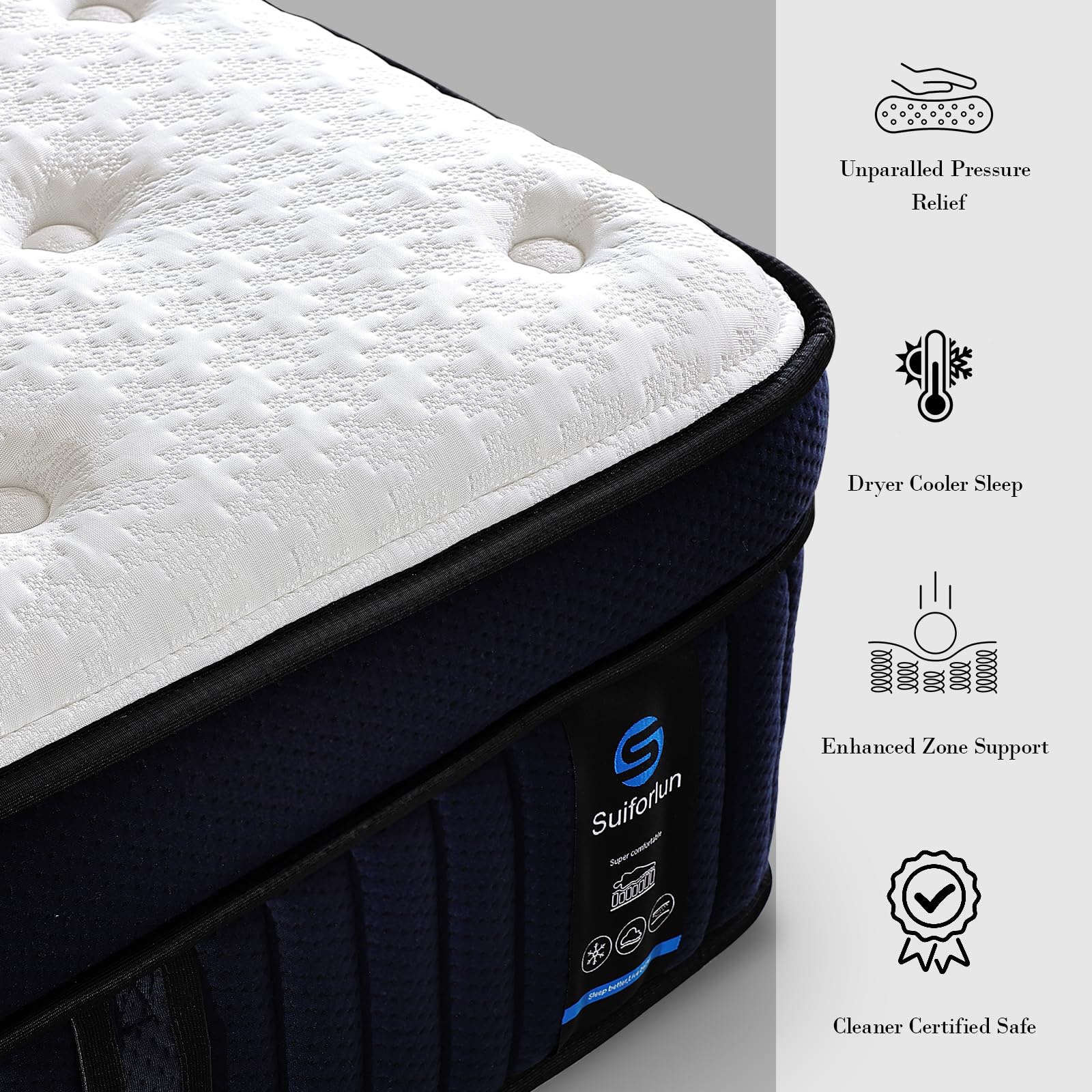 Suiforlun 14" Hybrid Mattress Full with Ice Silk Cover, 7-Zone Pocketed Coils and Gel Memory Foam for Instant Cooling Comfort and Support, Euro Top Medium Firm Mattress in A Box, 120 Nights Trial