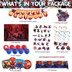 Birthday Party Supplies,Spider Theme Style Party Decorations Include Happy Birthday Banner,Backdrop,Tablecover,Cake Toppers,Cupcake Toppers,Spiral Charms and Latex Balloons Set