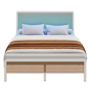 garveehome queen size white rattan bed frame with led lights, bed frames with rattan headboard, metal rattan platform with under-bed storage, no box spring needed, noise free