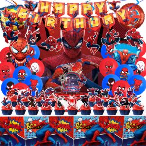 birthday party supplies,spider theme style party decorations include happy birthday banner,backdrop,tablecover,cake toppers,cupcake toppers,spiral charms and latex balloons set