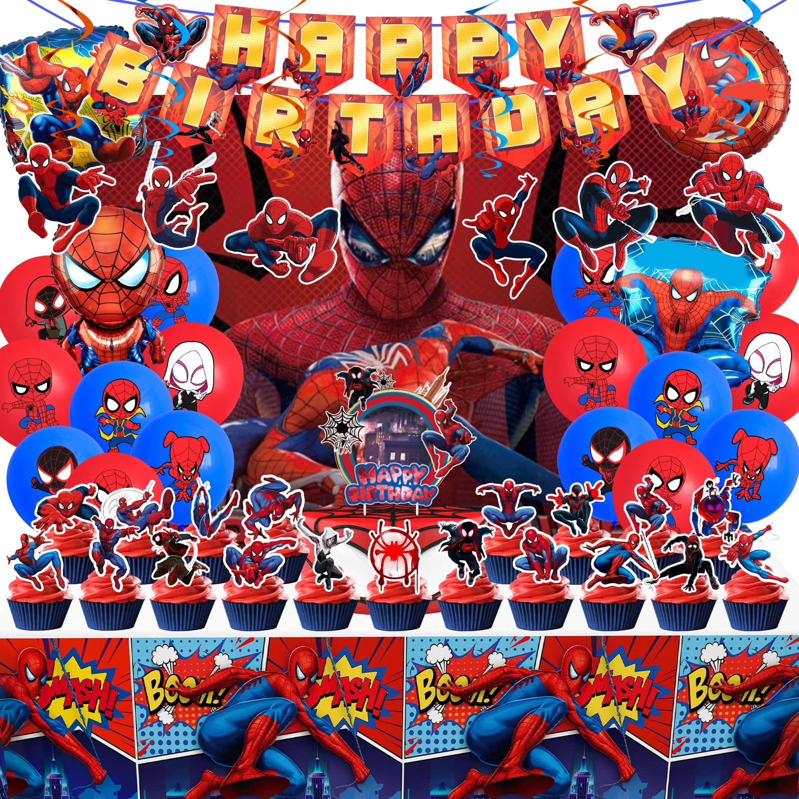 Birthday Party Supplies,Spider Theme Style Party Decorations Include Happy Birthday Banner,Backdrop,Tablecover,Cake Toppers,Cupcake Toppers,Spiral Charms and Latex Balloons Set