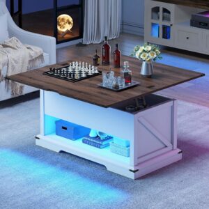 YITAHOME Lift Top Coffee Table for Living Room, 3 in 1 Multi-Functional LED Coffee Table with Storage, Wood Farmhouse Coffee Table with Hidden Compartment, Lift top Dining Table, White & Brown