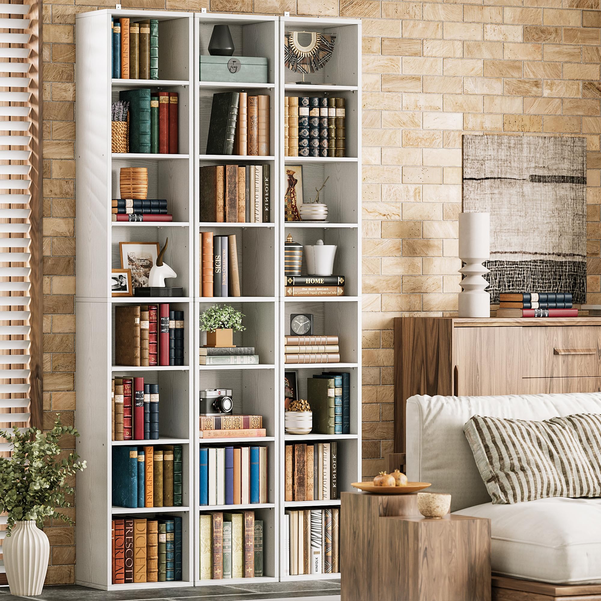 IRONCK Tall Narrow Bookshelf 8 Tiers, Compact Corner Bookcase, Easy to Match for Living Room, Office, Study, Bedroom, White