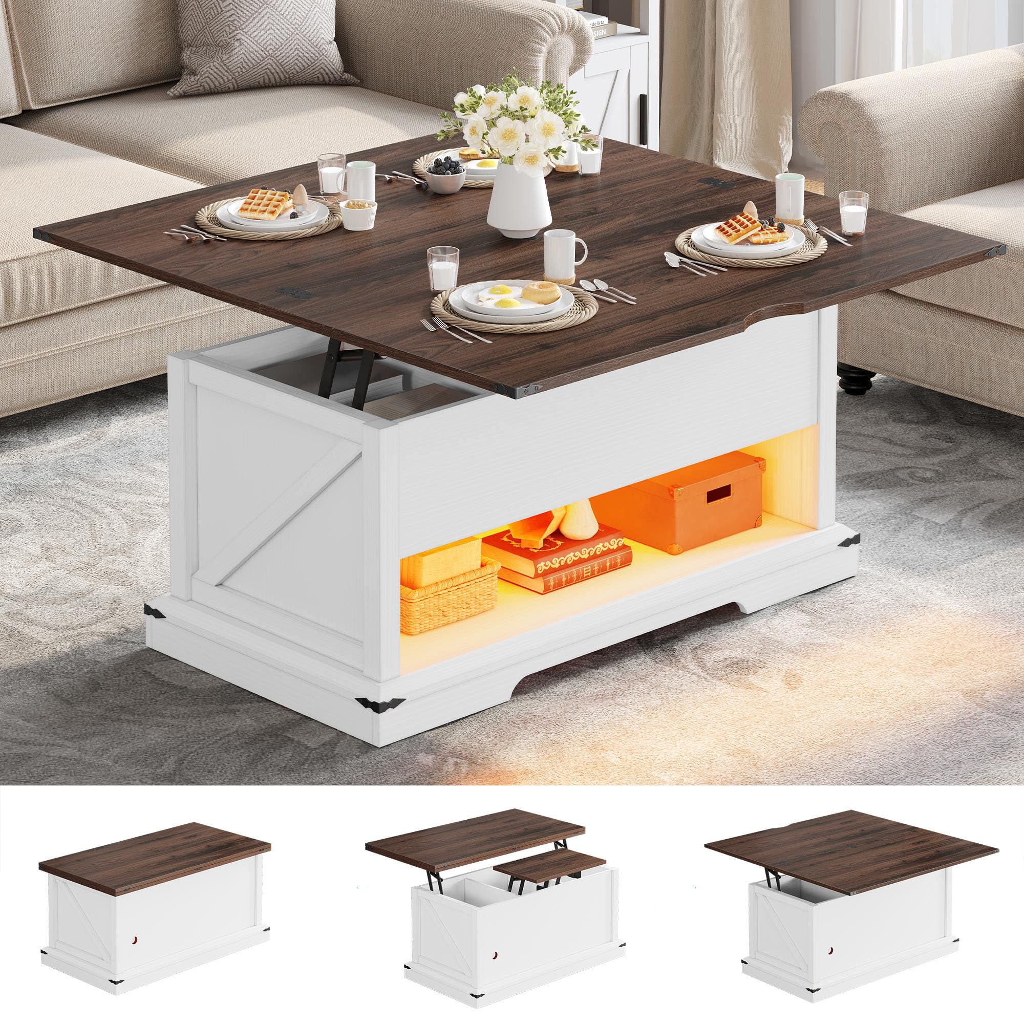 YITAHOME Lift Top Coffee Table for Living Room, 3 in 1 Multi-Functional LED Coffee Table with Storage, Wood Farmhouse Coffee Table with Hidden Compartment, Lift top Dining Table, White & Brown