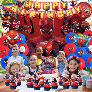 Birthday Party Supplies,Spider Theme Style Party Decorations Include Happy Birthday Banner,Backdrop,Tablecover,Cake Toppers,Cupcake Toppers,Spiral Charms and Latex Balloons Set