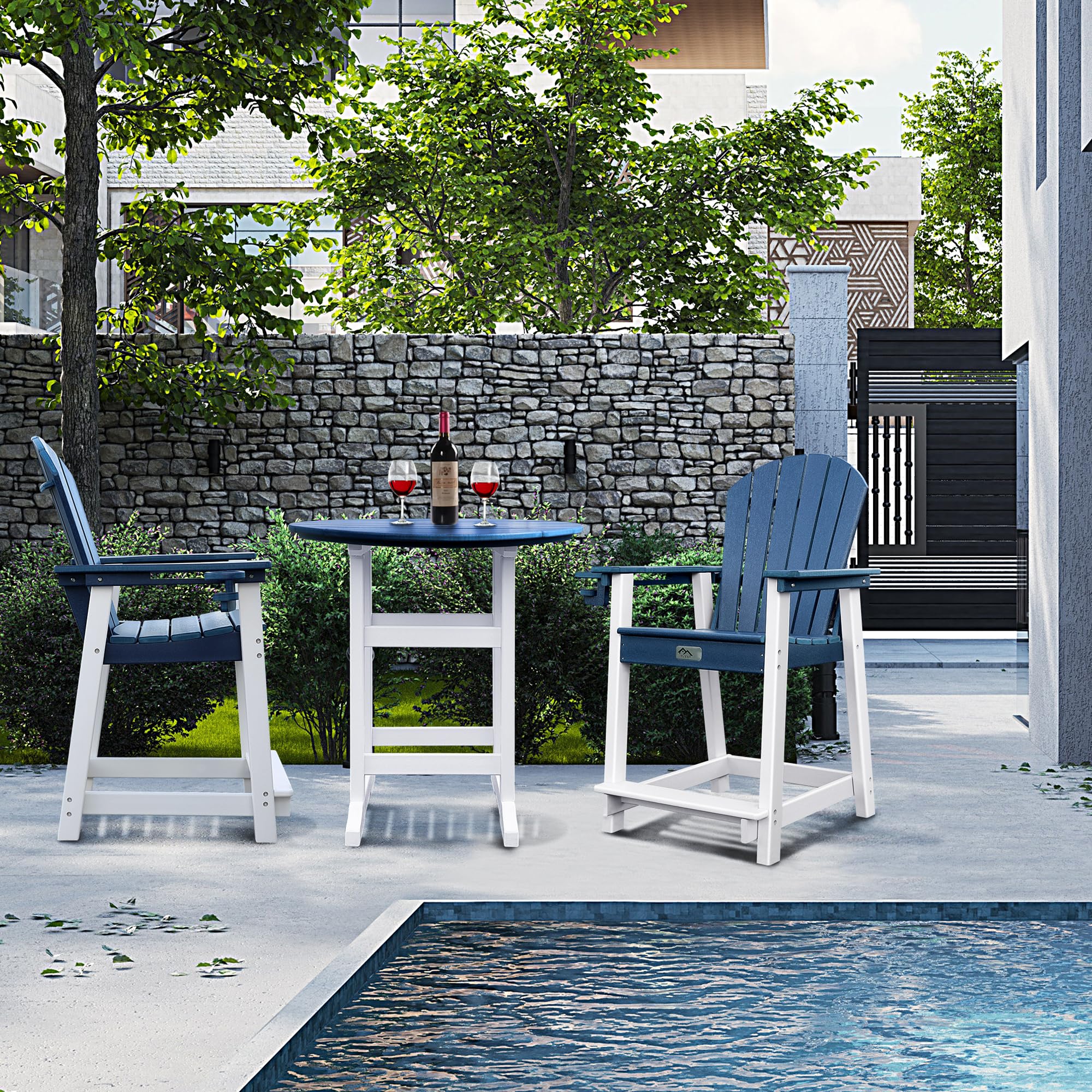 YUSSJI Tall Adirondack Chairs Patio Bar Tables Set of 5 Weather Resistant HDPE 35" Round Outdoor Bar Adirondack Barstools Plastic Height Table Pub, for Garden, Backyard, Yard, Pool, Fire, Pit