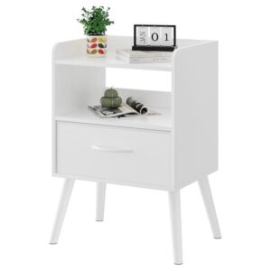 white nightstand with open shelf,small night stand bedroom bedside table with drawer storage,side table end table with solid wood feet,mid century night stands for office home sofa couch(white)