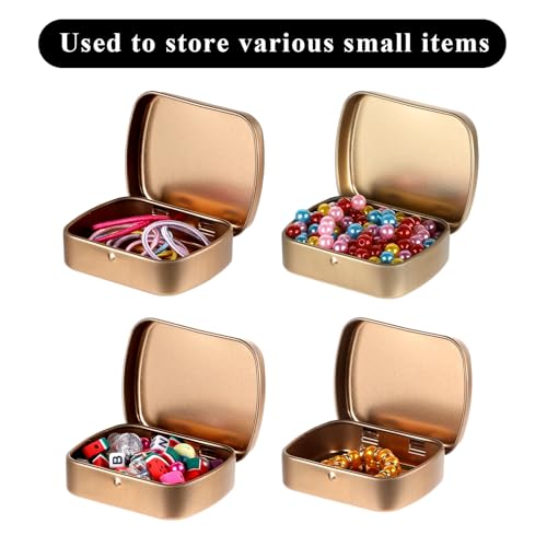 Hinged Tin Boxes with Lid, 4 Pieces Rectangular Tin Box Containers Small Metal Storage Box Portable Stash Box Empty Metal Tins with Lids for Candy Cookiesjewelry Beads Key Earrings Organizer, Gold