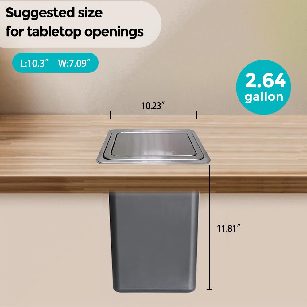 YOJIA 2.6 Gallon/10L Square Kitchen Trash Bin,The Countertop is Embedded in a Trash Can,Drop-in Trash Chute,Built-in Waste Basket,for Restaurant Home Hotel