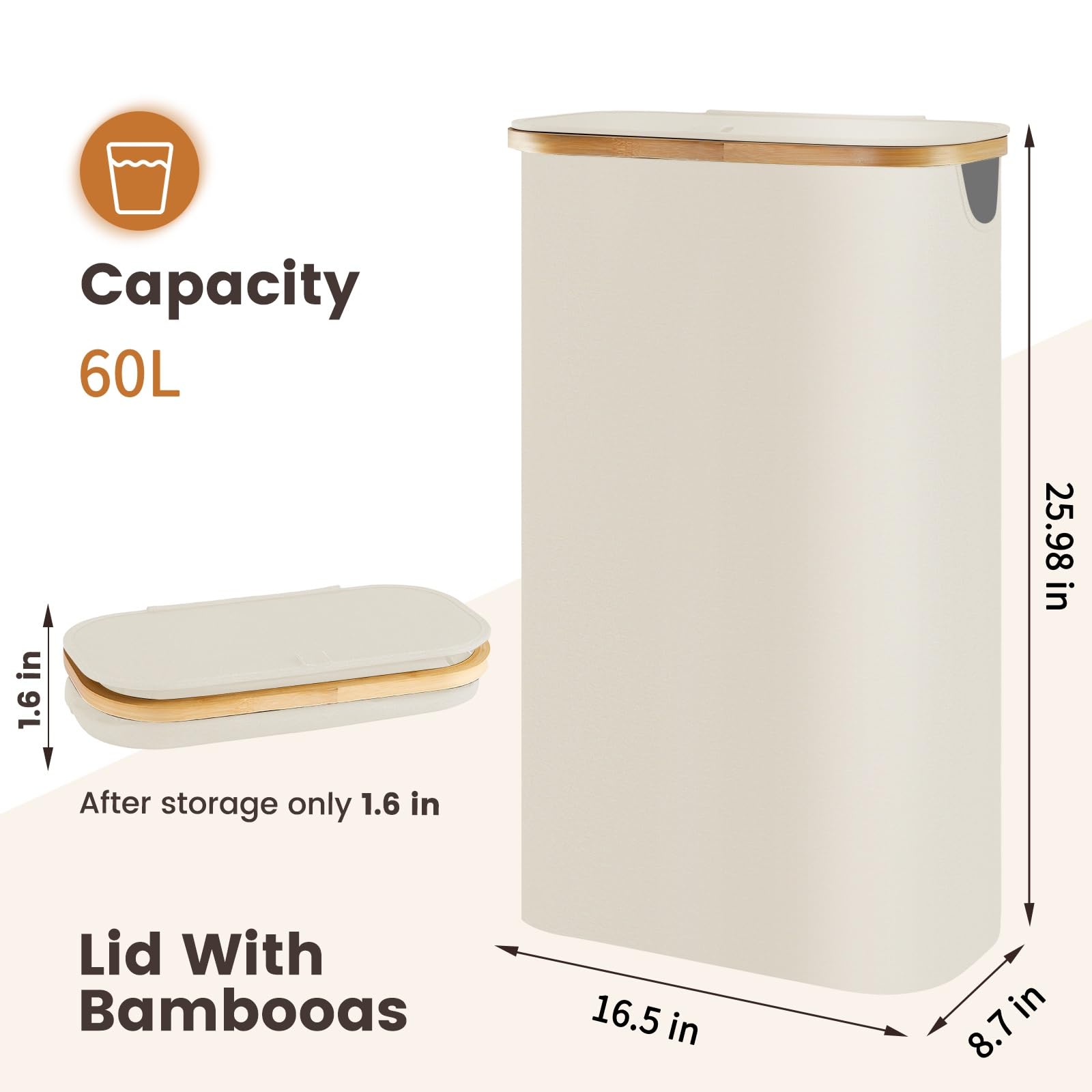 Slim Laundry Hamper with Lid 60L, Dirty clothes Hamper for Laundry Basket Collapsible, Thin Laundry Hamper with Removable Bag & Bamboo Handles, Narrow Laundry Hamper for Small Space