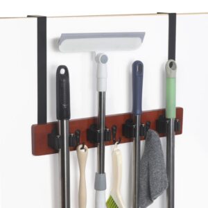 jsver over the door broom and mop holder wood broom and mop holder with 4 racks and 3 hooks, broom organizer storage tool racks for home kitchen garage closet laundry