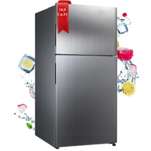 refrigerator with freezer, top freezer refrigerators, 18 cu ft full size kitchen refrigerator, 2 door apartment size stainless steel fridge, frost free 5 adjustable thermostat, home, office, silver