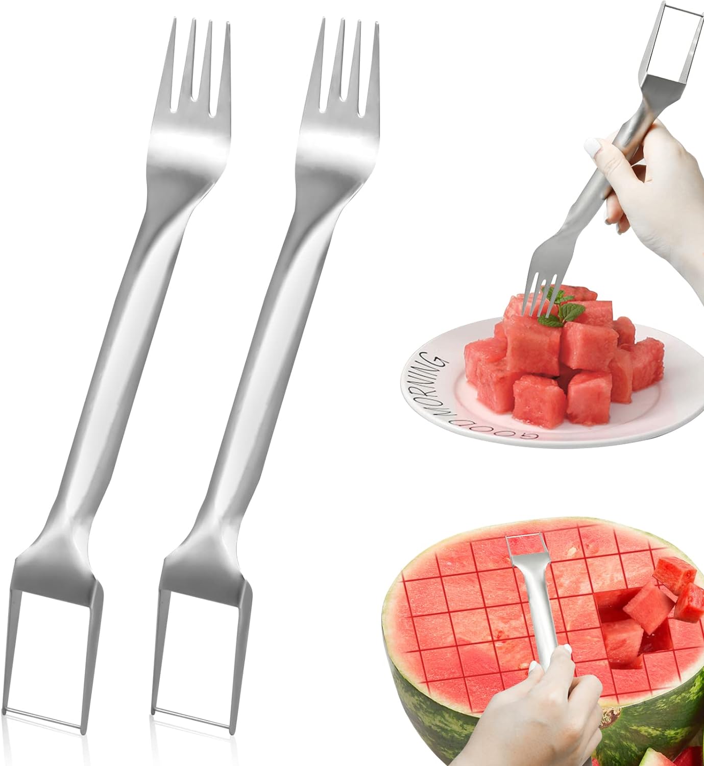 Generic 2-in-1 Stainless Steel Fruit,2pcs Dual Head Stainless, Portable Watermelon Fork Watermelon Cutter Slicer Tool Fruit Forks Slicer for Home Party Camping Kitchen Gadget, Silvery white, 1c-wa