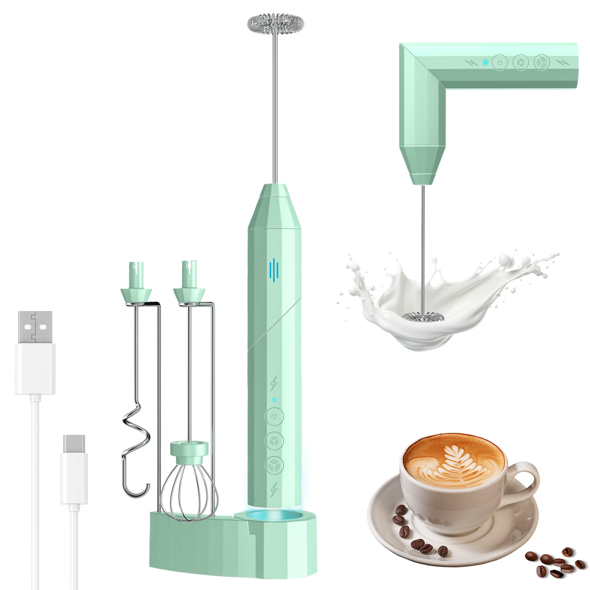 Milk Frother Handheld, USB-C Rechargeable Coffee Frother Wand, Electric drink mixer with Charging Base&3 Heads,3 Speeds Adjustable, Electric Whisk Drink Mixer Handheld with Stand for Coffee,Egg Green