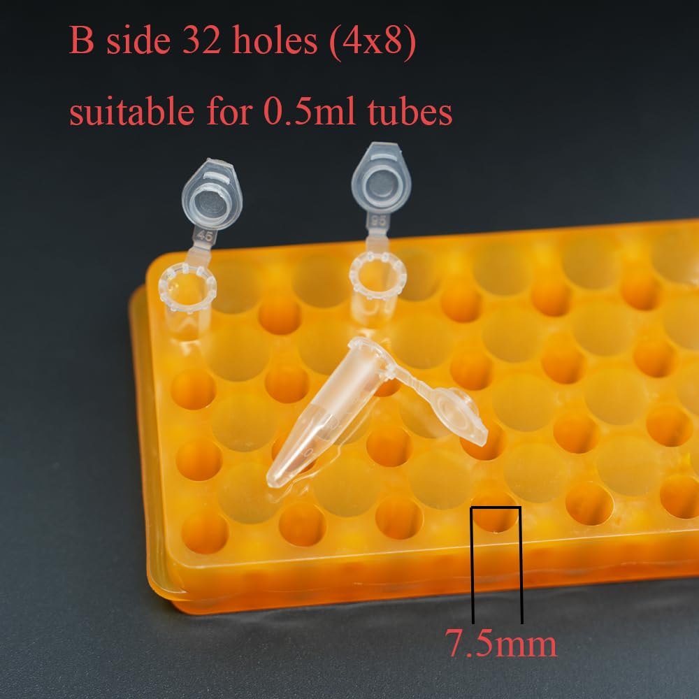 LSVERDE 6 Pcs Microcentrifuge Tube Rack for 0.5ml-2ml Centrifugal Pipe, Lab Test Tubes Rack Holder, Double-Sided 32 Holes Plate with Hole Diameter 7.5mm and 11mm (Orange)