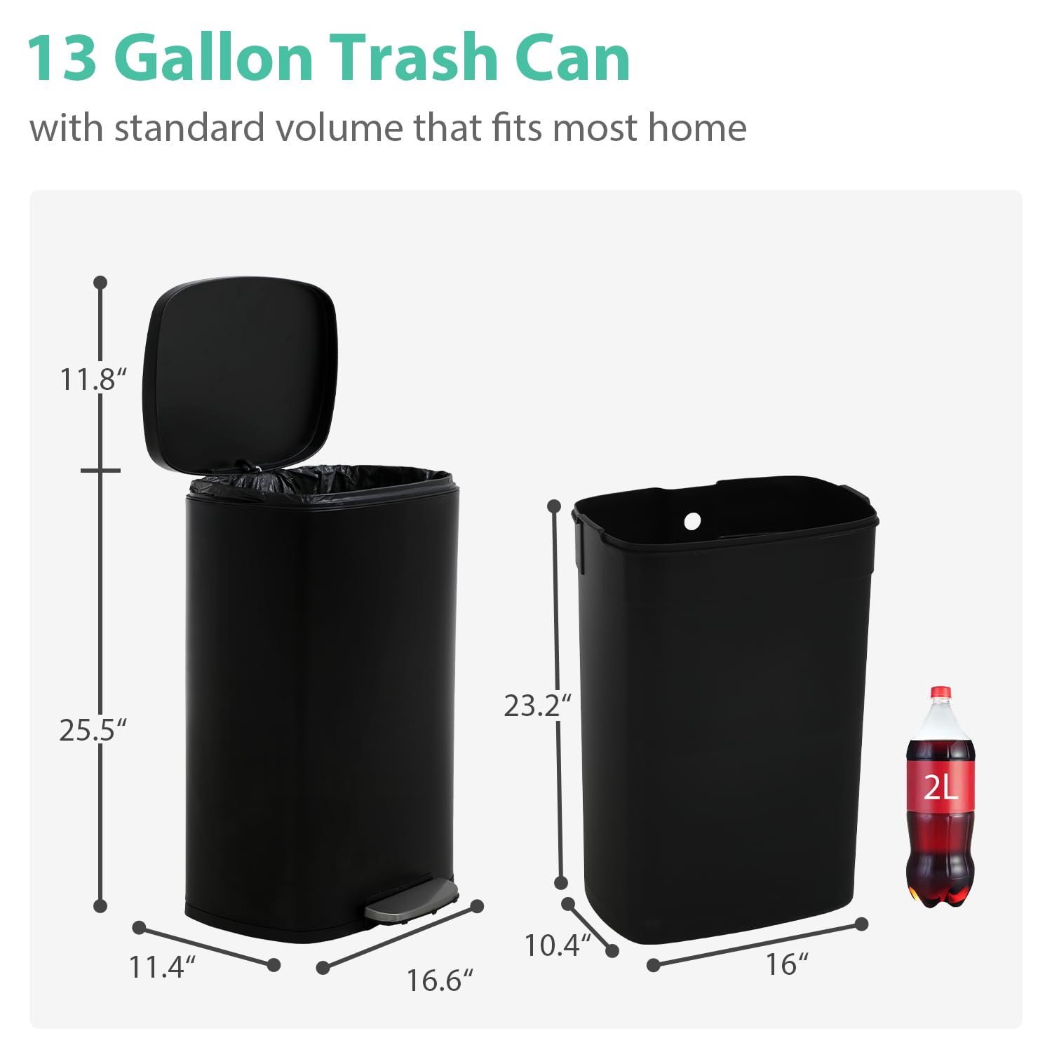 13 Gallon Kitchen Trash Can, Bathroom Trash Can with Lid, Bathroom Trash Can with Foot Pedal & Inner Bucket, Trash Can Kitchen, Kitchen Garbage Can, Quiet-Close, Bathroom Garbage Can with a Lid