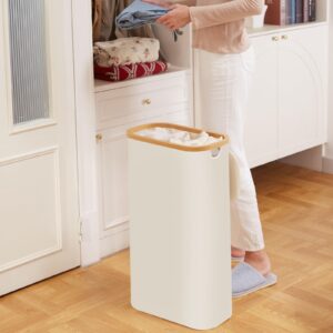 Slim Laundry Hamper with Lid 60L, Dirty clothes Hamper for Laundry Basket Collapsible, Thin Laundry Hamper with Removable Bag & Bamboo Handles, Narrow Laundry Hamper for Small Space