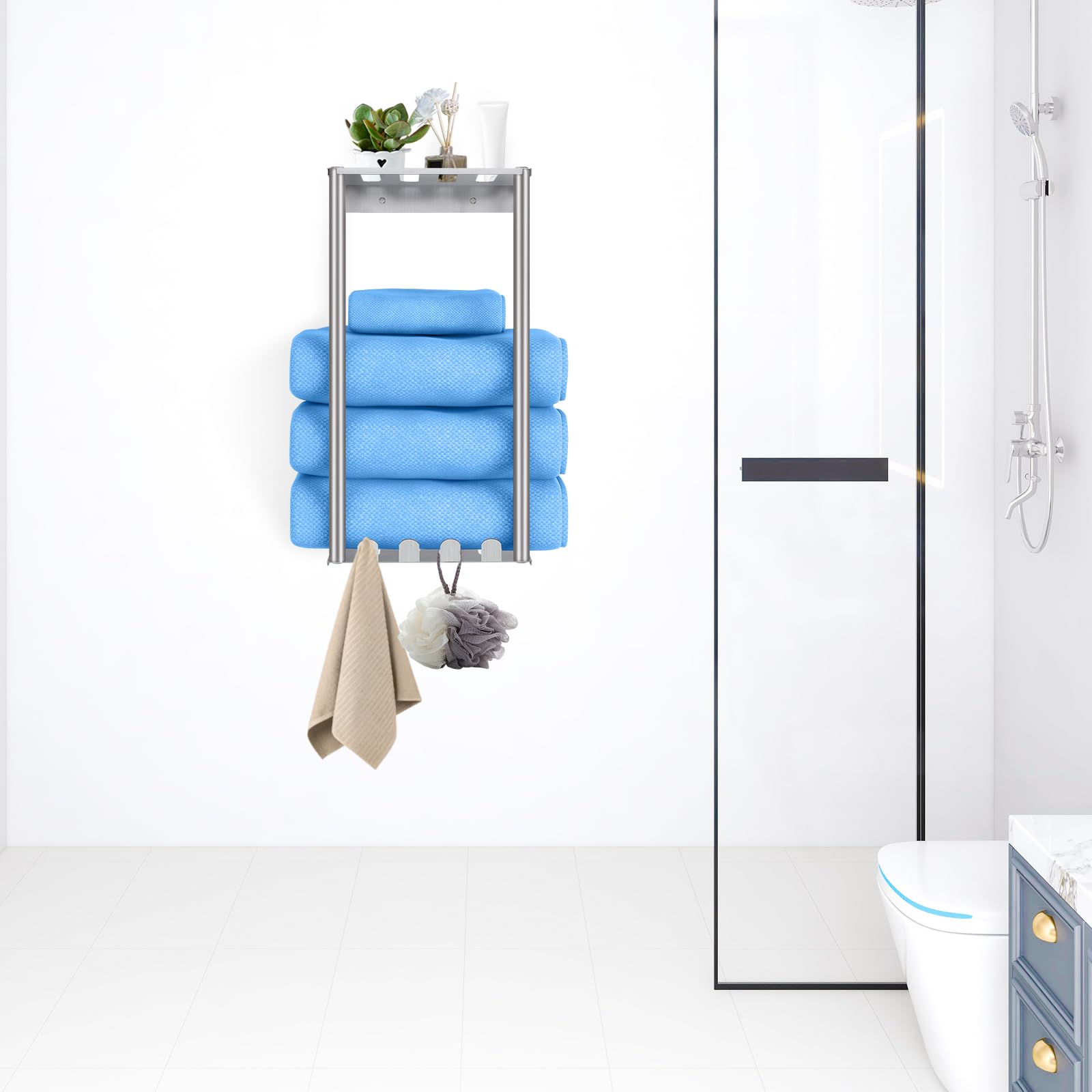 JIAPAIDUO Towel Storage for Bathroom, 15 Inch Wall Mounted Towel Rack, Wall Towel Holder for Rolled Towels, Wall Towel Storage with 4 Hooks for Small Bathroom, Rolled Towel Rack, Brushed Nickel