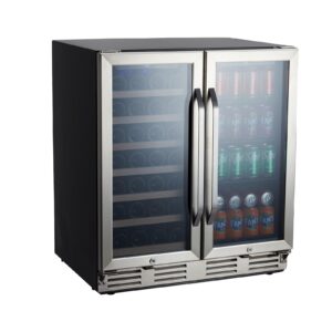 garveetech 30 inch wine and beverage refrigerator, 33 bottles & 96 cans wine cooler refrigerator, dual zone wine cooler with glass door and lock, built in or freestanding under counter wine fridge