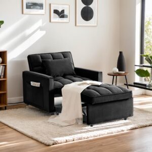 anwicknomo 3-in-1 convertible sofa bed with adjustable backrest, modern velvet pull out sleeper w/storage pockets, folding chaise lounge recliner chair for living room bedroom small spaces (black)