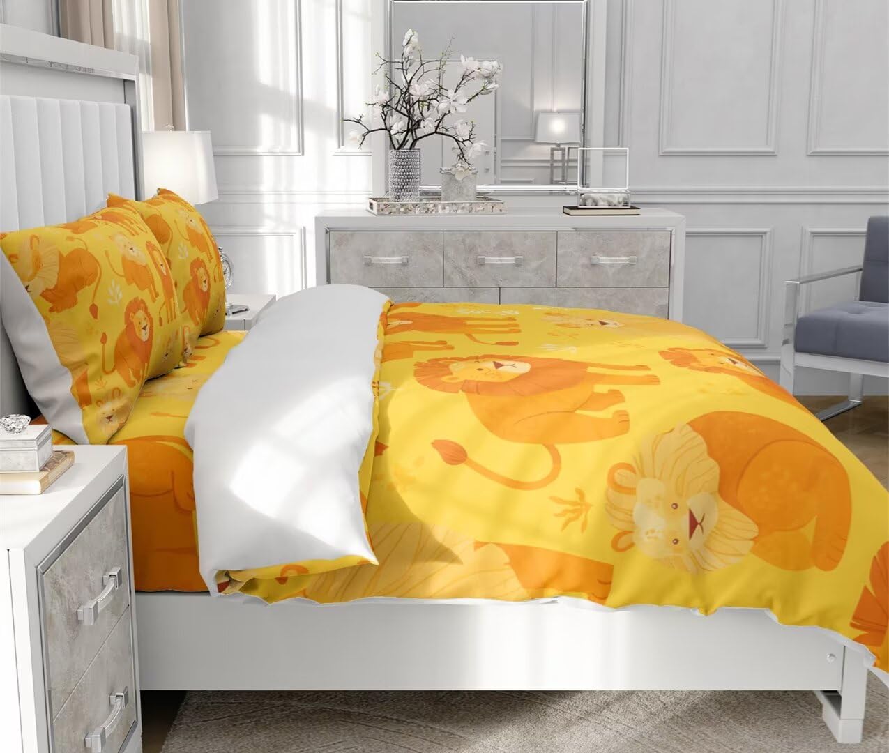 Moinlizy 3D Cartoon Lion Printed Duvet Cover Twin Size 3D Yellow Cute Lion Bedding Sets Bedclothes Room Decor Wild Animal Theme No Comforter