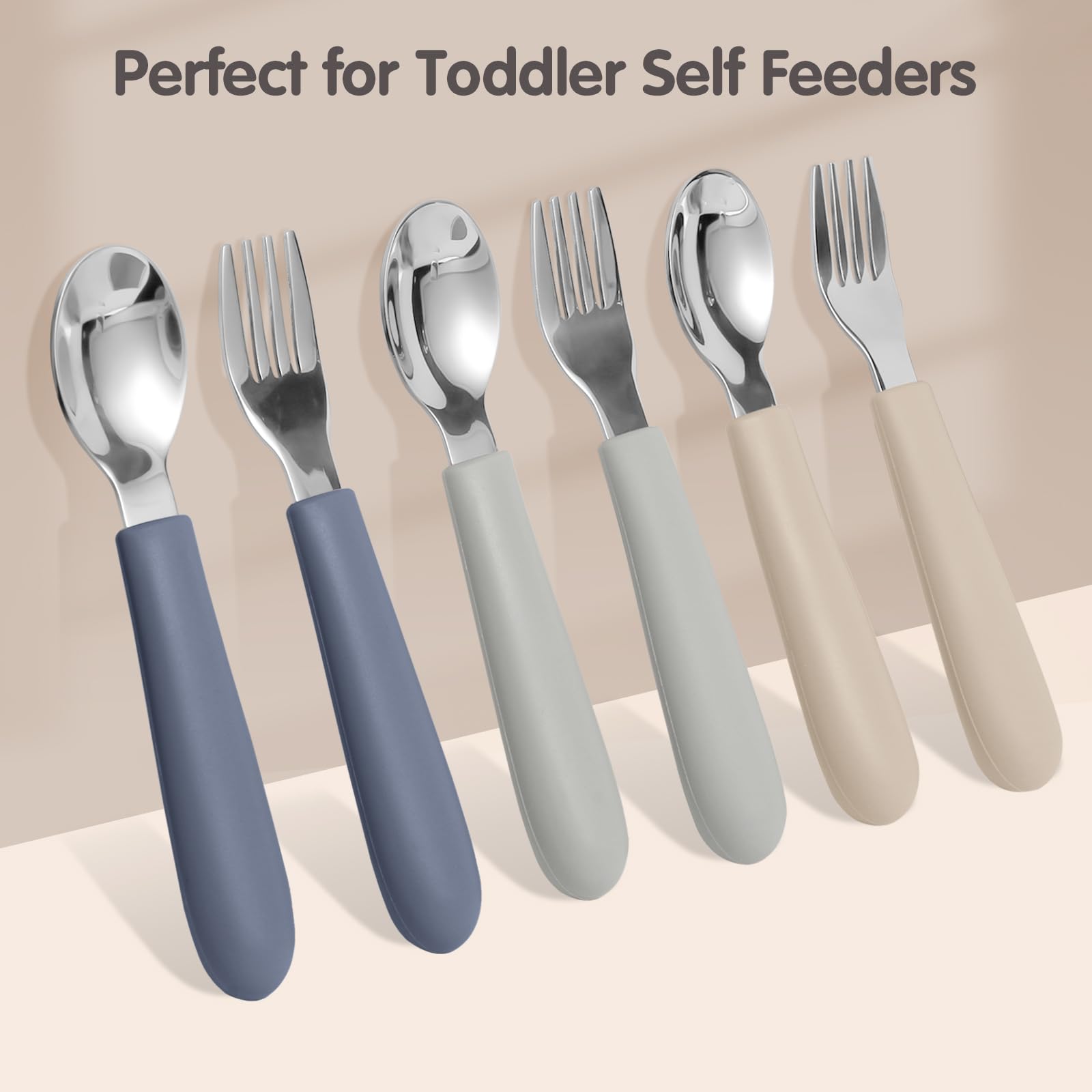 Eascrozn 6 Pack Toddler Utensils, Kids Silverware Set with Silicone Handle, Children Safe Forks and Spoons, 18/8 Stainless Steel, Food Grade Silicone Feeding Supplies, Dishwasher Safe