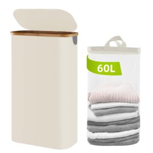 slim laundry hamper with lid 60l, dirty clothes hamper for laundry basket collapsible, thin laundry hamper with removable bag & bamboo handles, narrow laundry hamper for small space