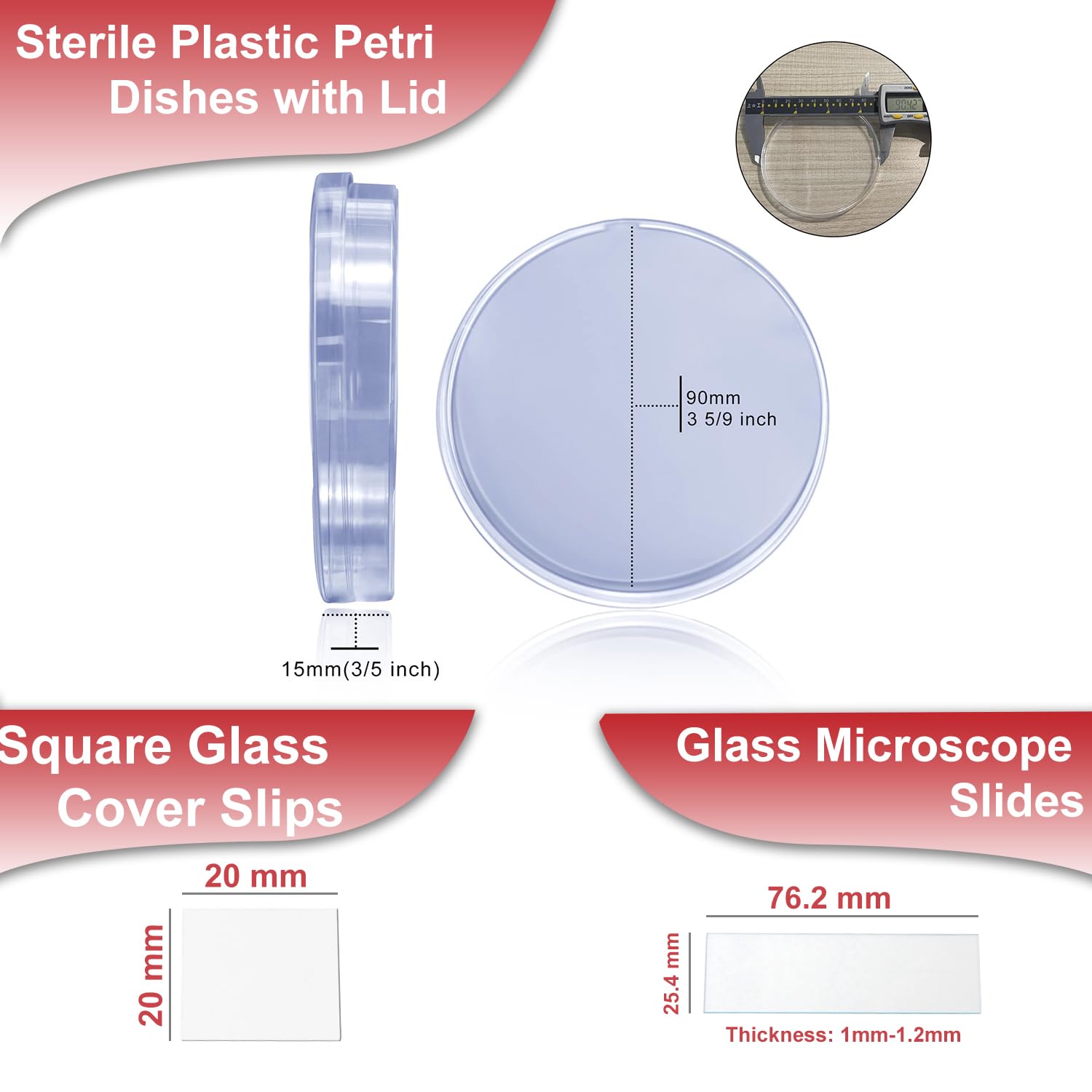 Sterile Plastic Petri Dishes Set, 50 Pcs Pre-Cleaned Blank Microscope Slides, 100 Pcs 20x20mm Square Cover Glass, 5 Pcs 90mm Diax15mm Deep Lab Petri Plate Dish with Lid and 10 Test Pipette Droppers