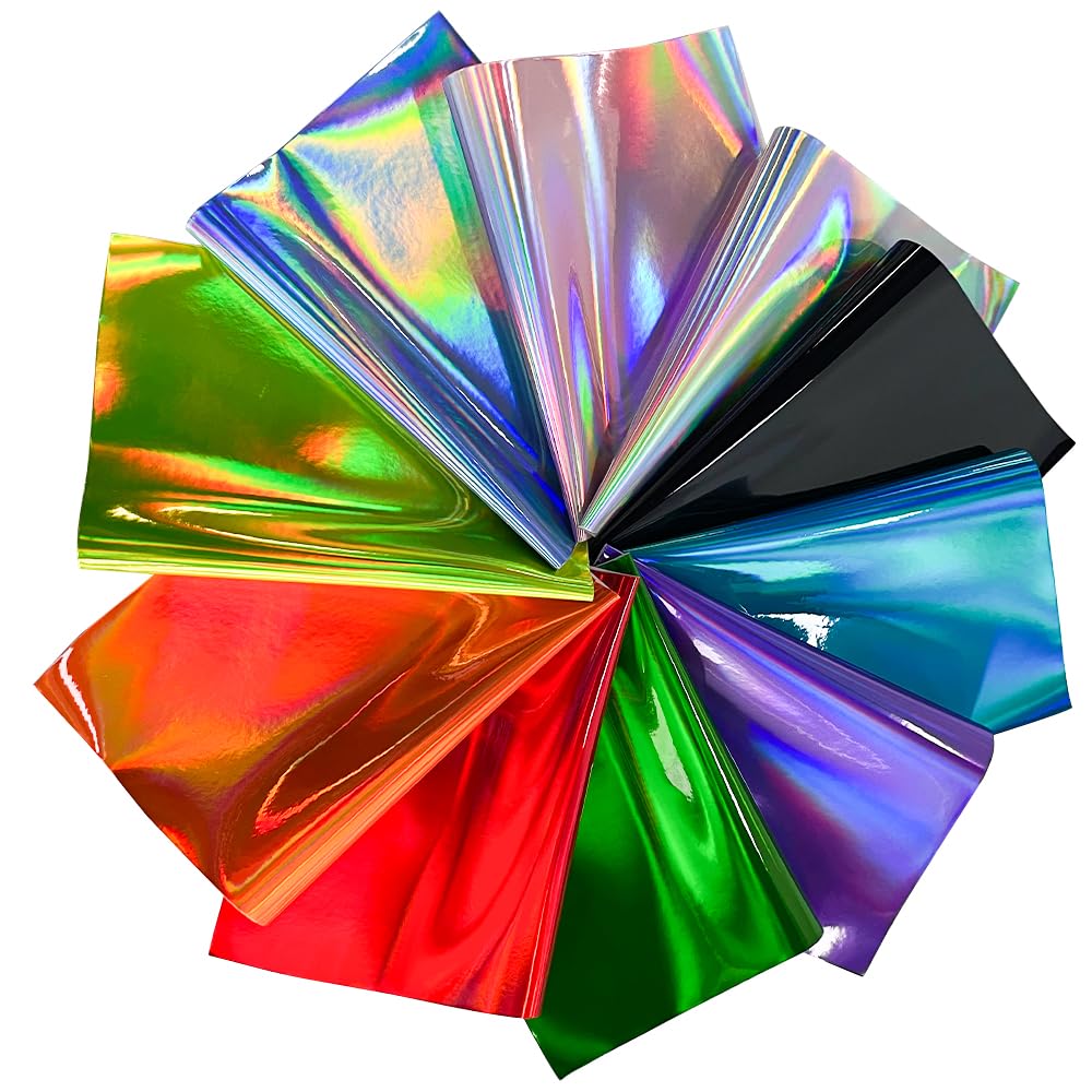 10 Pcs Holographic Faux Leather Sheets for Crafts, 8.3" x 11.8"(21x30cm) Colorful Luster Leather Fabric for Jewelry Bows Making DIY Projects